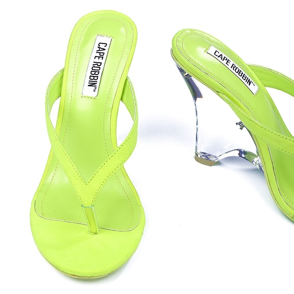 Cape Robbin | Shoes | Last One Neon Green Thong Clear Heel Wedges ...